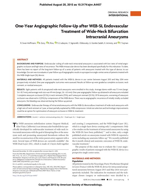Pdf One Year Angiographic Follow Up After Web Sl Endovascular