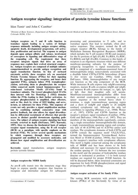 Pdf Antigen Receptor Signaling Integration Of Protein Tyrosine