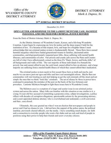 Open Letter And Wyandotte County District Attorney
