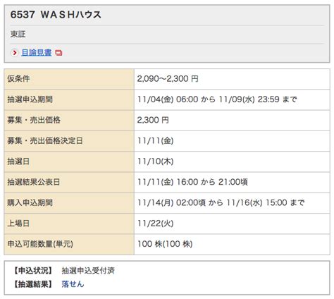 野村證券で当選なるか Washハウス6537の抽選結果