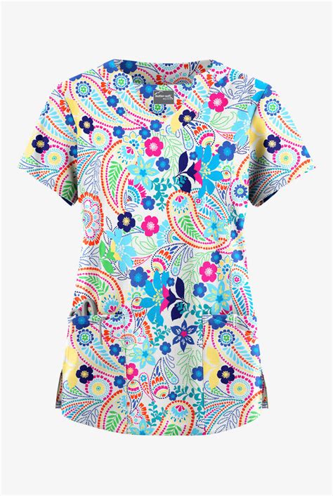 Butter Soft Royal Paisley White Printed Womens 6 Pocket Scallop Neck
