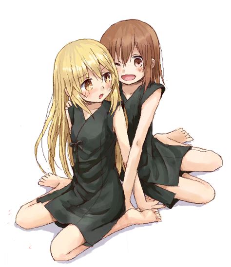Safebooru 2girls Blonde Hair Brown Eyes Brown Hair Hospital Gown