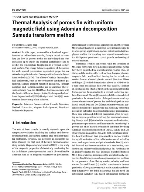 Pdf Thermal Analysis Of Porous Fin With Uniform Magnetic Field Using