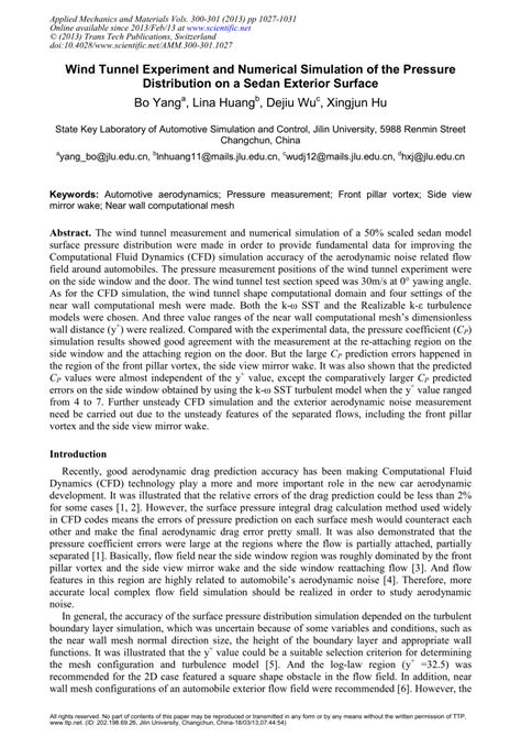 Pdf Wind Tunnel Experiment And Numerical Simulation Of The Pressure Distribution On A Sedan