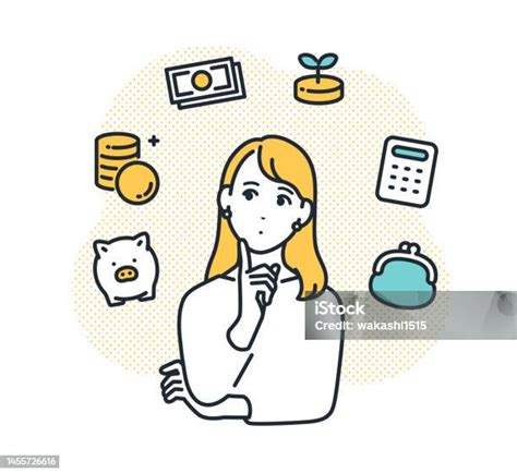 돈에 대해 생각하는 젊은 여자의 간단한 벡터 삽화 자료 통화에 대한 스톡 벡터 아트 및 기타 이미지 통화 가계 여자