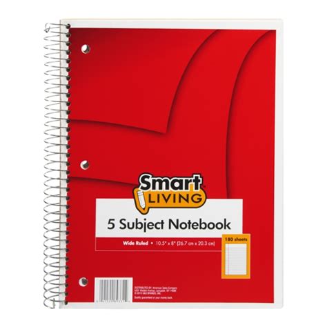 Save On Smart Living 5 Subject Notebook Wide Ruled 105 X 8 Inch 180