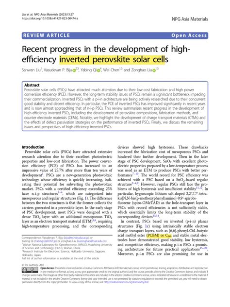Recent Progress In The Development Of High Efficiency Inverted Perovskite Solar Cells Pdf