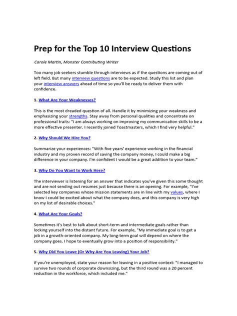 Prep For The Top 10 Interview Questions Pdf Goal Experience