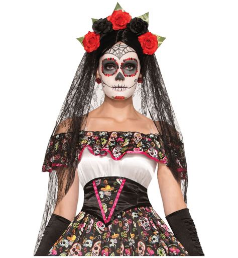 Day Of The Dead Senorita Mexican Skull Women Costume Costume Black Veil