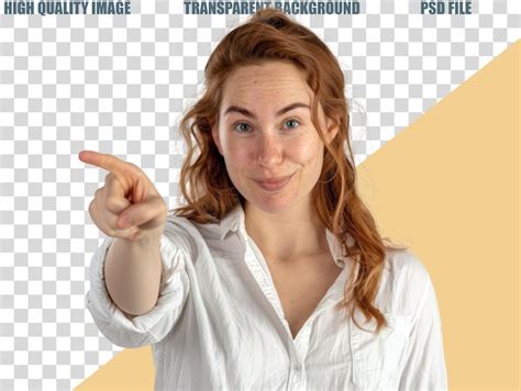 Uma Mulher Apontando Para Uma Imagem Fundo Transparente PSD