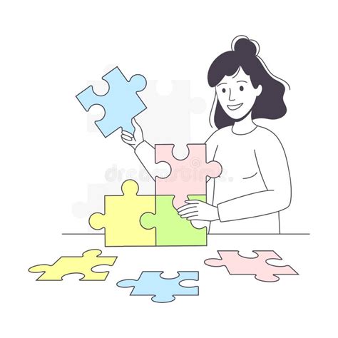 Woman Assembling Jigsaw Puzzle Connecting Mosaiced Pieces Together