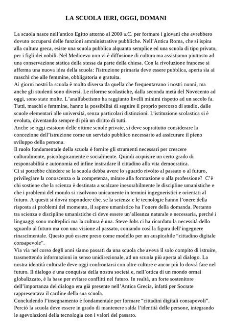 La Scuola Ieri Oggi Domani Appunti Di Italiano Docsity