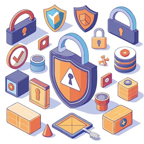 Isometric Icons Depicting Various Security Concepts Including Locks Shields Keys And Data