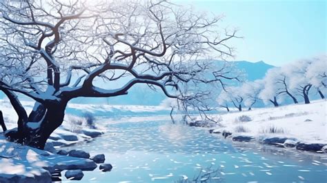 冬日唯美道路雪景山水风景插画图片素材下载 jpg格式 熊猫办公