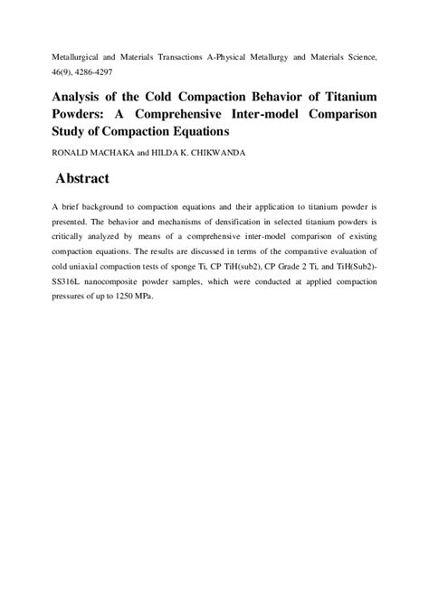 Pdf Analysis Of The Cold Compaction Behavior Of Titanium Powders A Comprehensive Inter Model
