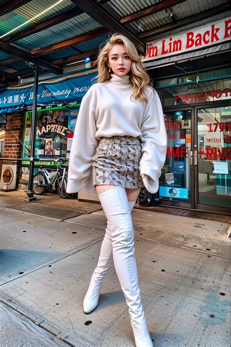 Araffe Woman In White Boots And A White Sweater Walking Down The Street