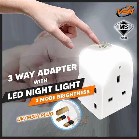 3 Way Multi Adaptor Led Night Light With Neon Uk 3 Pin Plug Switch Socket Adapter Lampu Tidur