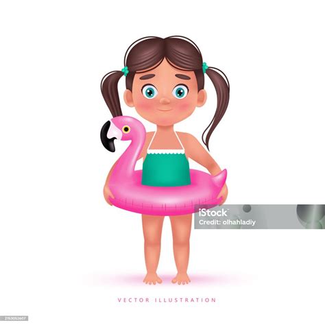 수영을 위한 팽창식 원이 있는 수영복을 입은 귀여운 소녀 3d 스타일의 벡터 일러스트 레이 션 Swimsuit Contest에