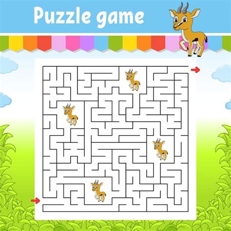 어린이를위한 정사각형 미로 게임 어린이를위한 퍼즐 미로 수수께끼 색상 벡터 일러스트 레이션 프리미엄 벡터