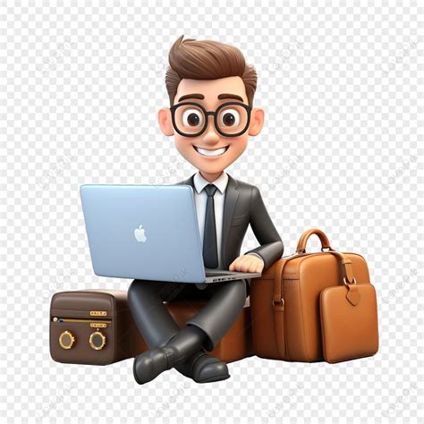 노트북과 서류 가방 3d 캐릭터 일러스트를 들고 작업 공간에 앉아 있는 사업가우아실업가 Png 일러스트 무료 다운로드