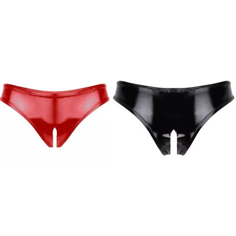 DAMEN WETLOOK LACK Leder Slips Panty Dessous Offener Schritt String