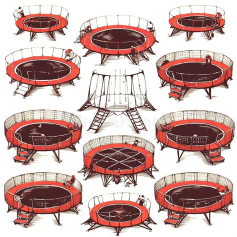 Múltiples Vistas De Trampolines Rojos Y Negros Con Redes De Seguridad Y