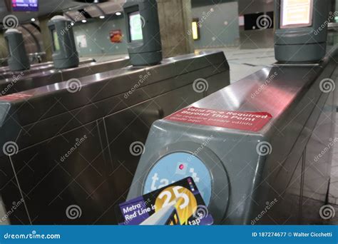 Los Angeles Metro Rail Turnstiles With Tap Card Transit Access Pass Editorial Photography