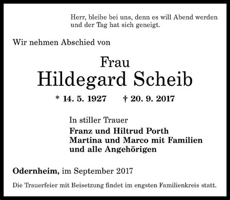 Traueranzeigen Von Hildegard Scheib Rz Trauerde