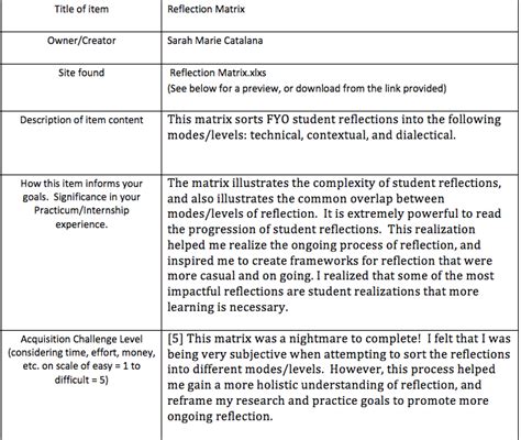 Reflection Matrix Encouraging Critical Reflection In The Classroom