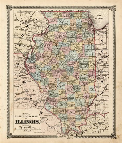 Official Railroad Map Of Illinois By Warner And Beers 1874 Art