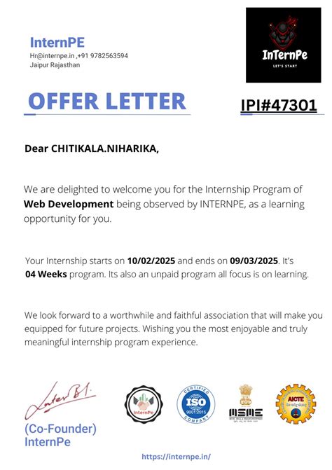 Chitikala Niharika On Linkedin Internpe Internship Webdevelopment