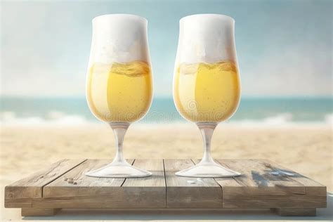 Beer On A Beach Cold Beer Glass On Beatiful Coast Beach With Calm Sea