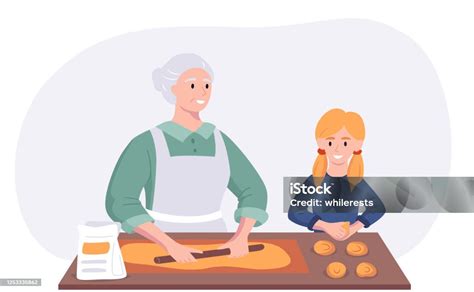 할머니와 손녀 부부는 부엌에서 테이블에서 저녁 식사를 요리 평면 스타일로 집에서 식사를 준비하는 만화 캐릭터 개념 벡터 일러스트레이션 요리하기 음식 준비에 대한 스톡 벡터