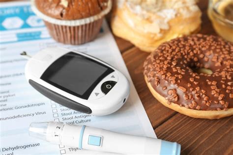 테이블 당뇨병 개념에 디지털 Glucometer 과자 및 테스트 양식 프리미엄 사진