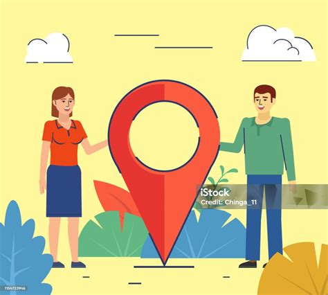 우리는 이동 하는 개념입니다 남자와 여자는 큰 위치 지점 핀 근처에 서 있습니다 소셜 미디어 웹 페이지 배너 프리 젠 테이 션을 위한 포스터 가까운에 대한 스톡 벡터 아트