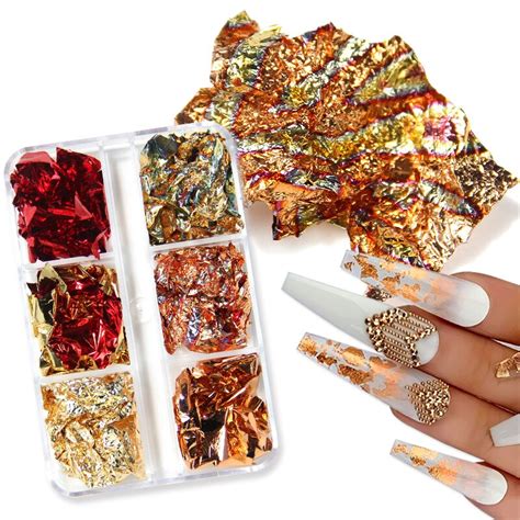 6 그리드 반짝 이는 네일 호일 스팽글 골드 실버 불규칙한 알루미늄 네일 아트 반짝이 조각 매니큐어 3d 손톱 용품 장식rhinestones And Decorations