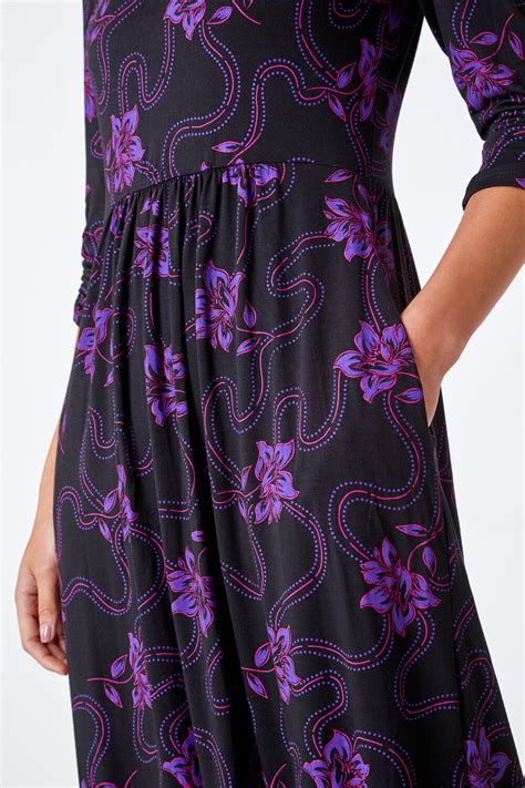 Petite Floral Print Midi Dress In Purple Roman Uk