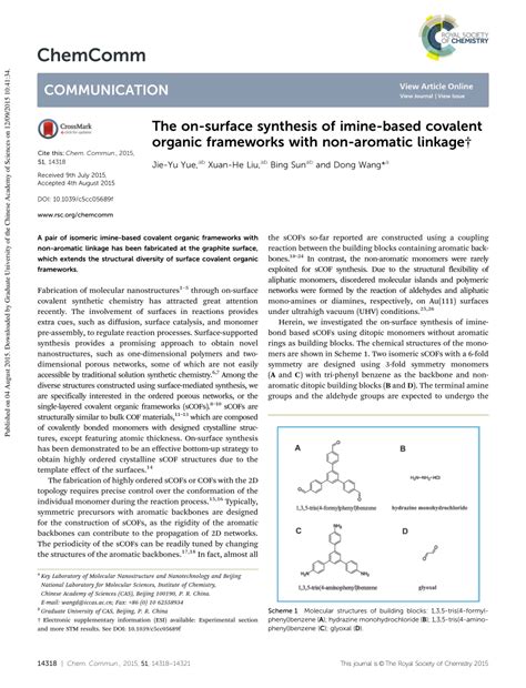 Pdf On Surface Synthesis Of Imine Based Covalent Organic Frameworks With Non Aromatic Linkage