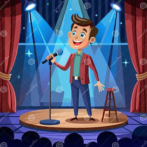 Man Standup Comedy Performer On Stage With Mic And Stool Blue Curtain