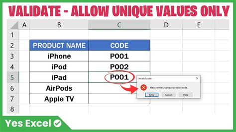 Allow Unique Values Only Excel Data Validation Youtube