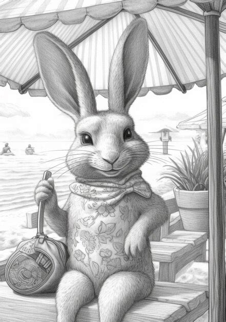 Dibujo De Un Conejo Sentado En Un Banco Con Un Bolso Y Un Reloj Ai