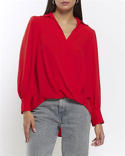 Red Long Sleeve Wrap Blouse River Island