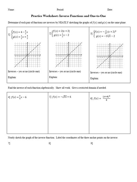 Unit12inversepractice Inverses Graph And Alg A Pdf