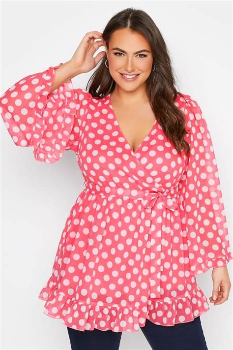 Yours London Plus Size Pink Polka Dot Ruffle Wrap Top Yours Clothing