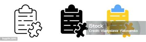 퍼즐과 클립 보드 라인 아이콘입니다 풀리지 않은 퍼즐 문제 수수께끼 풀기 창의적 사고 동기 부여 개념입니다 선에 있는 벡터 아이콘 흰색 배경에 검은색과 화려한 스타일 45