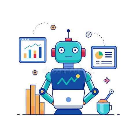 modern robot analyzing data with laptop graph and pie chart