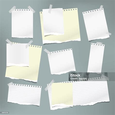 찢어진 흰색과 노란색 노트 회색 배경에 끈적 끈적한 테이프가 붙어 노트북 종이 조각 벡터 일러스트레이션 0명에 대한 스톡 벡터 아트 및 기타 이미지 Istock
