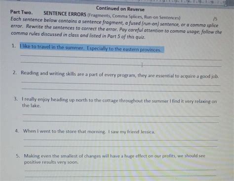 Solved Continued On Reverse Part Two Sentence Errors
