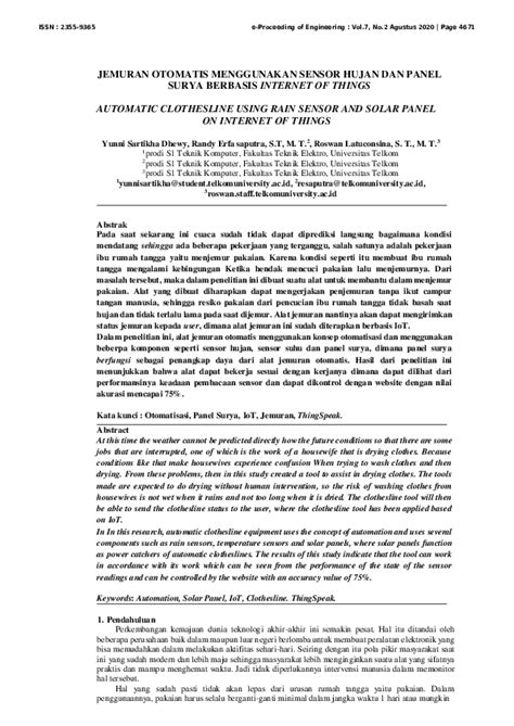 Pdf Jemuran Otomatis Menggunakan Sensor Hujan Dan Panel Surya Berbasis Internet Of Things