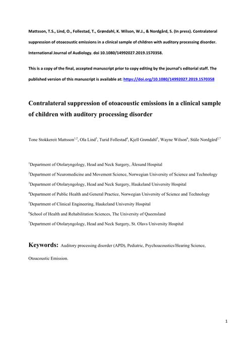 Pdf Contralateral Suppression Of Otoacoustic Emissions In A Clinical